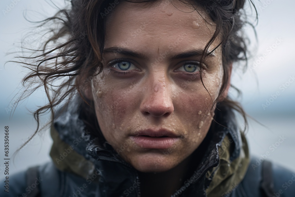 marine biologist, wet hair clinging to their forehead, gazing intently ...