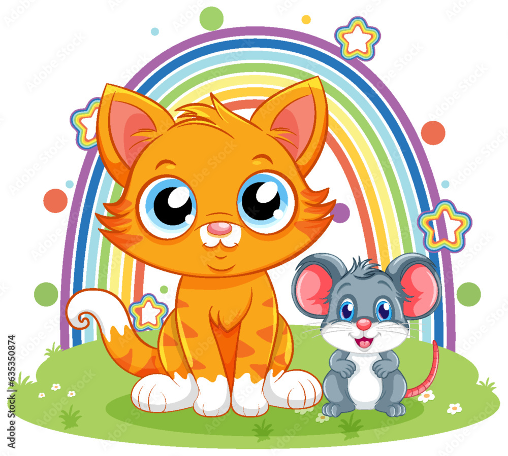 Cute Cat with Mouse in Cartoon Style Stock Vector | Adobe Stock