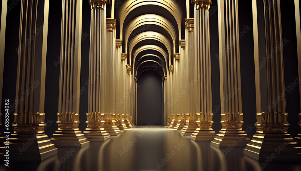 3d rendering gold corridor pillars background render, background with ...