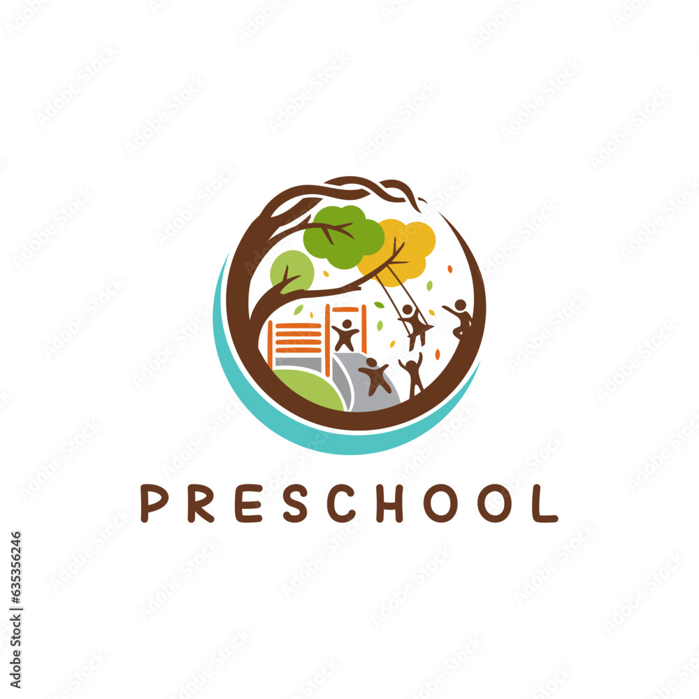 Preschool Education logo design, kids playing in Garden Games, nature ...