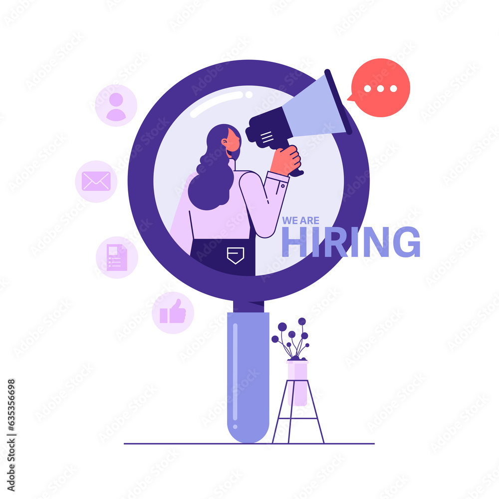 Fotografia do Stock: woman or female employer in magnifying glass shout ...