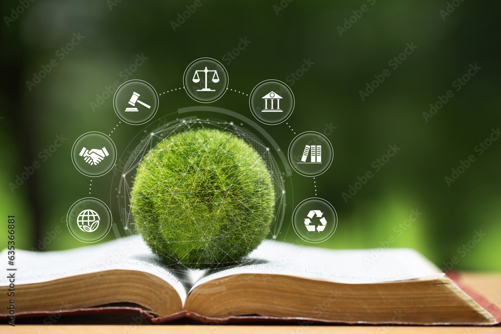Environment Law. Green globe placed on a law book with icons. law for principles of sustainable ...