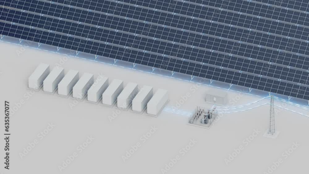A big solar farm connected to the power grid and battery storage ...