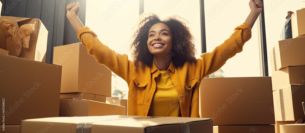 Enthusiastic black woman creating a checklist on moving day joyful ...