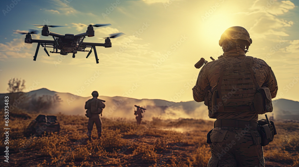 soldiers launching a drone in an outdoor setting, showcasing the ...