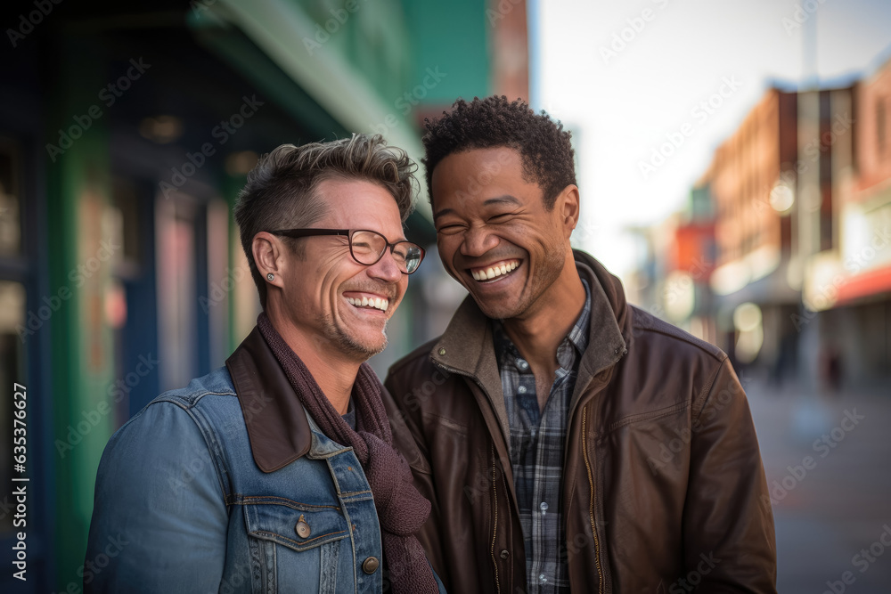 Two homosexual men stroll hand in hand along the bustling street ...