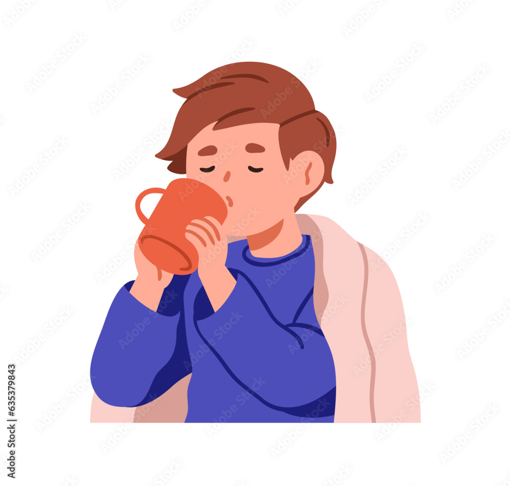 Sick child drinking hot tea, cocoa. Cute kid freezing, warming with cup ...