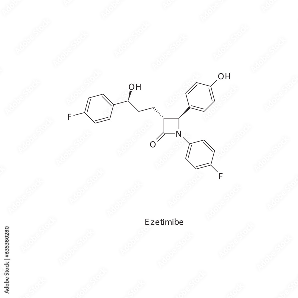 Ezetimibe flat skeletal molecular structure Cholesterol absorption ...