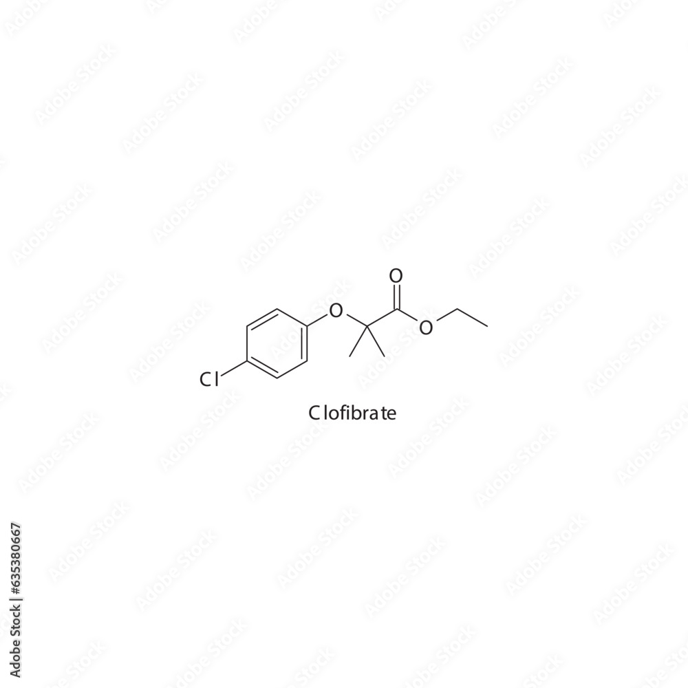 Clofibrate flat skeletal molecular structure Fibrate drug used in ...