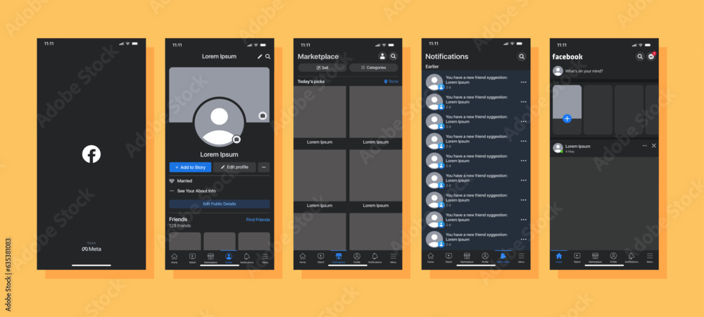 Set Facebook screen. Social media. Social network interface template ...