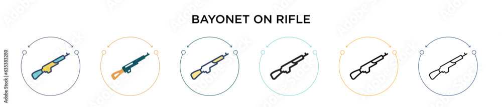 Bayonet on rifle icon in filled, thin line, outline and stroke style. Vector illustration of two ...