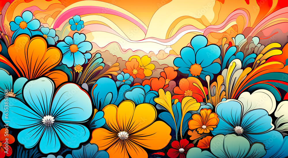 Colorful 70s Retro Style poster art with flowers, and psychedelic wavy ...