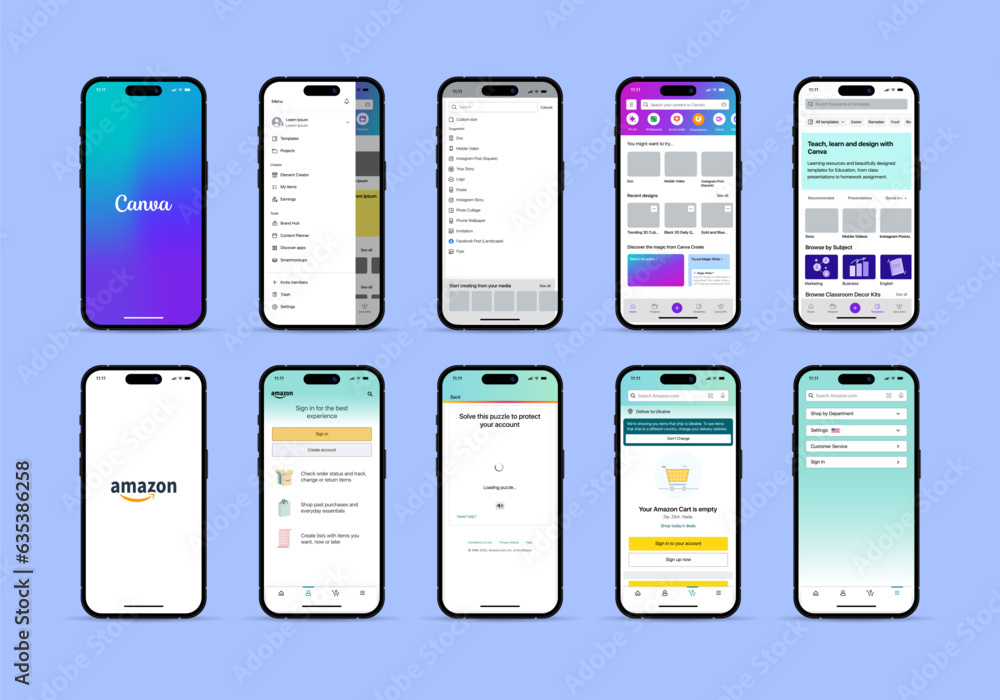 Canva and Amazon interface sat. Social media network interface template ...