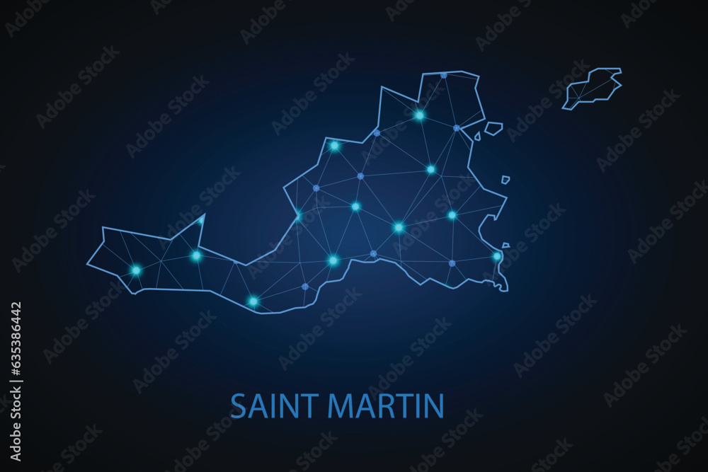 Map of Saint Martin. Wire frame 3D mesh polygonal network line, design ...