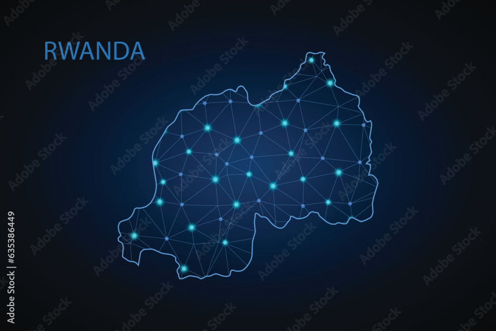 Map of Rwanda. Wire frame 3D mesh polygonal network line, design sphere ...