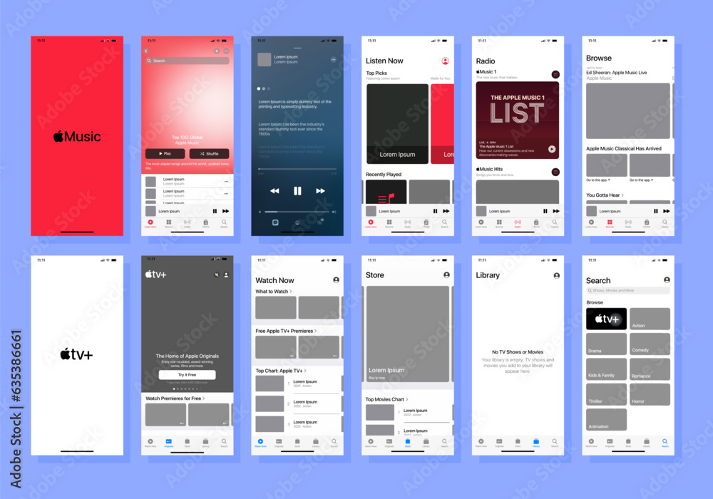 TV+ and Apple music streaming service set. Apple music app layout. TV+ ...