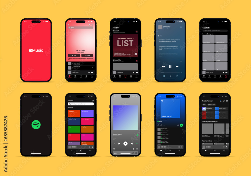 Apple music and Spotify set. Streaming service. Listen to music online ...