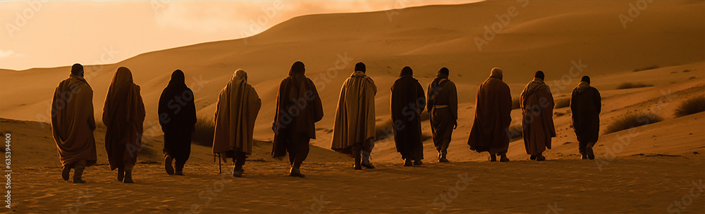 The apostles are going to preach in the Judean desert. Men walk across ...