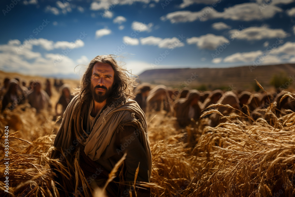 Jesus Christ is walking in a field with wheat. Biblical Christian photo ...