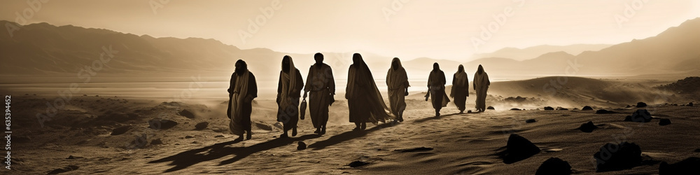 The apostles are going to preach in the Judean desert. Men walk across ...
