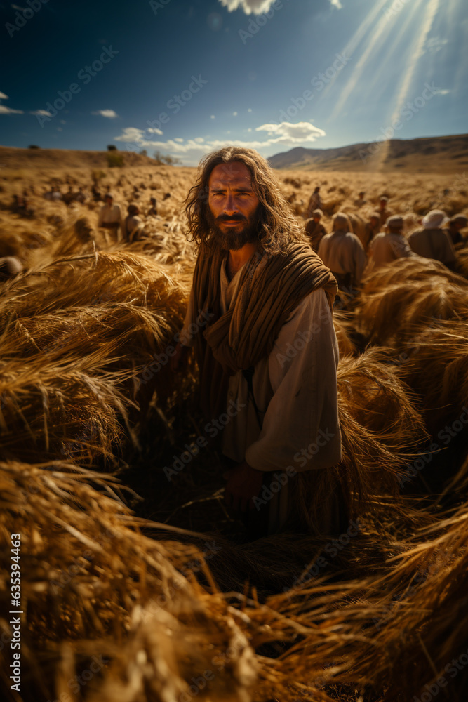 Jesus Christ is walking in a field with wheat. Biblical Christian photo ...