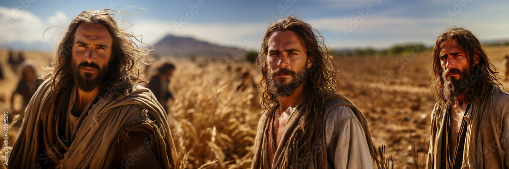 Jesus Christ with the apostles in a wheat field. Harvest time ...