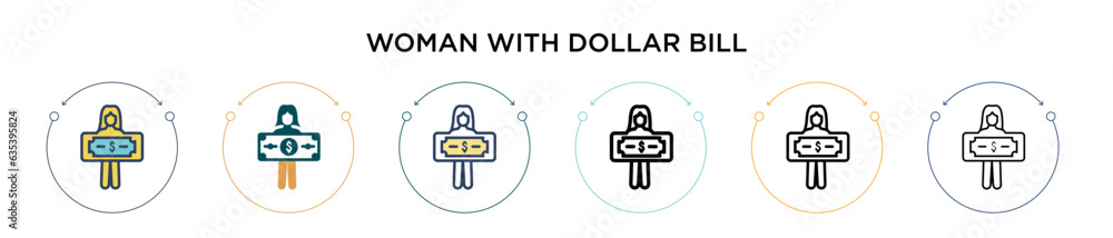 Woman with dollar bill icon in filled, thin line, outline and stroke ...