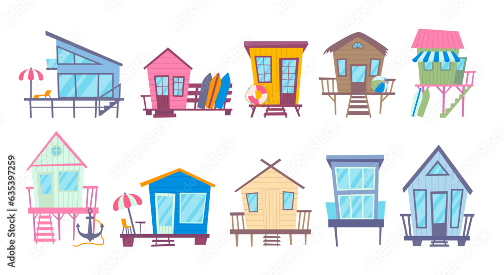 Cartoon Color Different Types Beach Huts Set Concept Flat Design Style ...