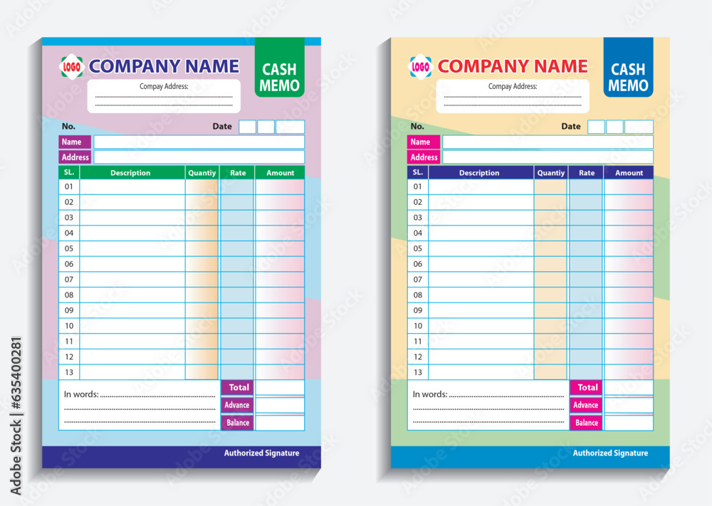Abstract Cash Memo Design, Professional Cash Memo Template Vector for ...