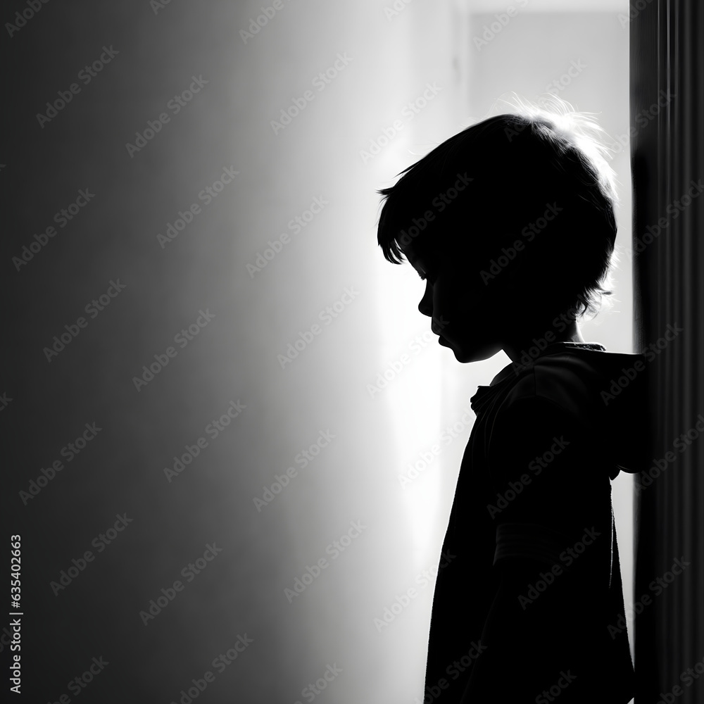 Silhouette of a lonely boy standing in an empty room by the windows ...