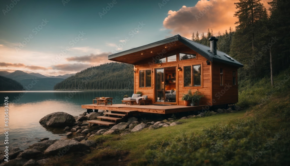 Highly detailed lakeside tiny house in 4K, forest backdrop ilustração ...