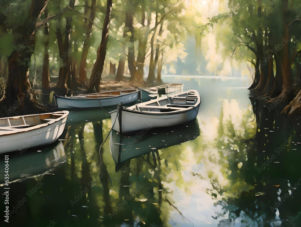watercolor painting of three rowing boats lying in a tributary of a ...