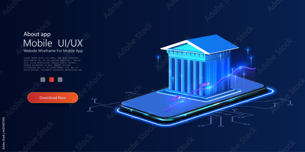 Isometric Bank Building Mobile Banking Concept 3d Realistic Business Object Mobile Phone And