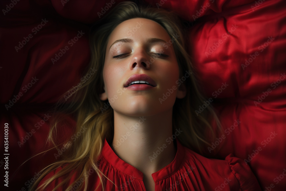 Sensual sexy woman getting pleasure and orgasm while lying in bed, top ...