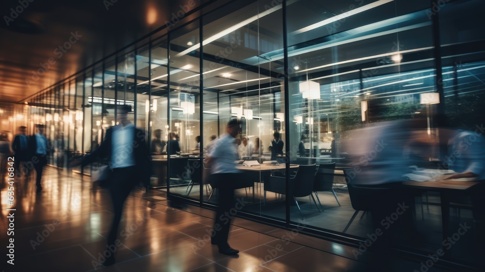 Blurred business people walk fast movement with meeting room in modern ...