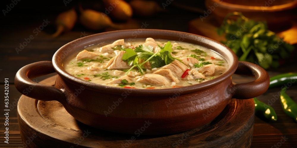 Steamy bowl of white chicken chili, filled with tender chunks of ...