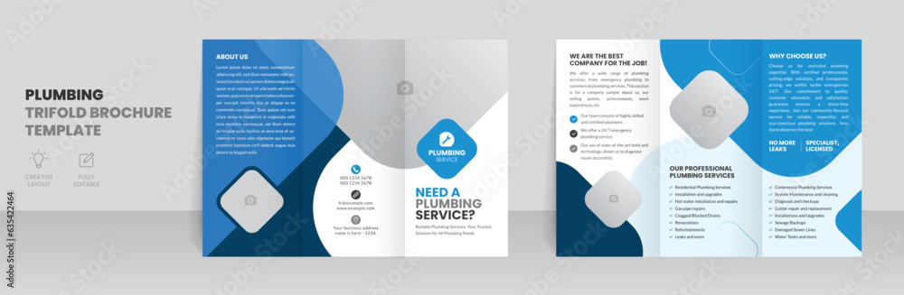 Plumbing service trifold brochure template with handyman, home repair ...