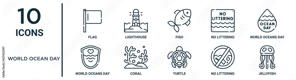 world ocean day outline icon set such as thin line flag, fish, world ...