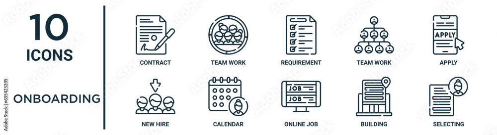 Vetor de onboarding outline icon set such as thin line contract ...