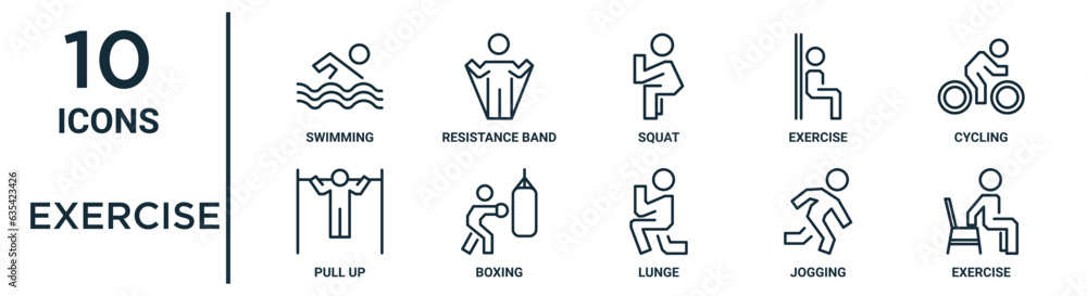 exercise outline icon set such as thin line swimming, squat, cycling ...