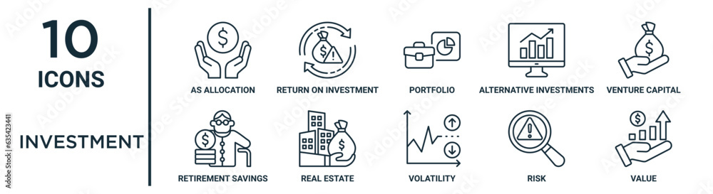 investment outline icon set such as thin line as allocation, portfolio ...