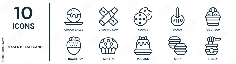 desserts and candies outline icon set such as thin line choco balls, cookie, ice cream, muffin ...