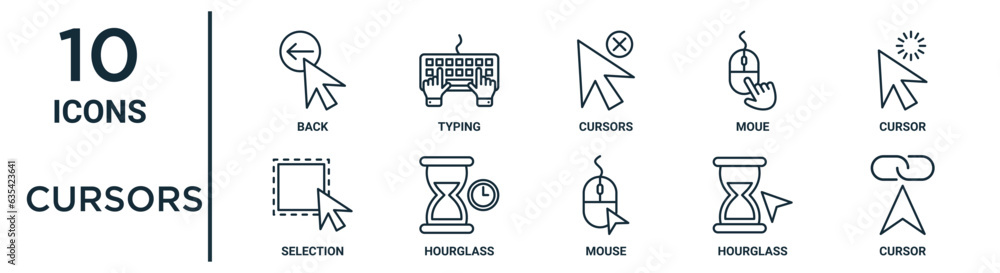 cursors outline icon set such as thin line back, cursors, cursor, hourglass, hourglass, cursor ...