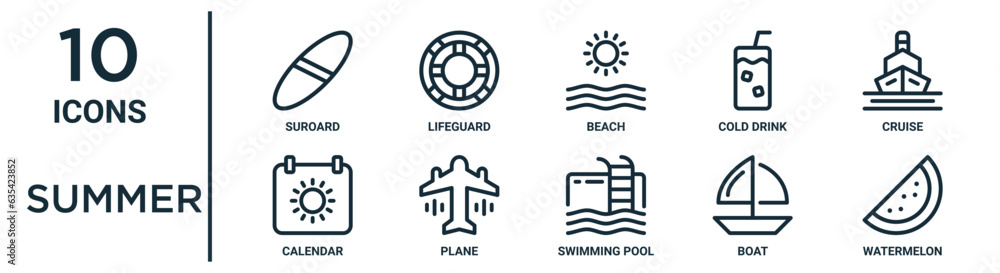 summer outline icon set such as thin line suroard, beach, cruise, plane ...