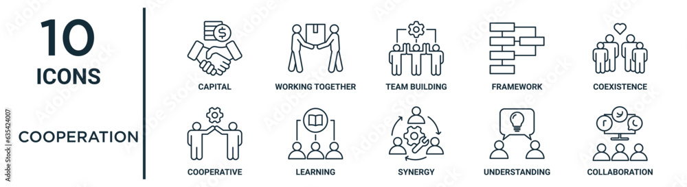 cooperation outline icon set such as thin line capital, team building ...