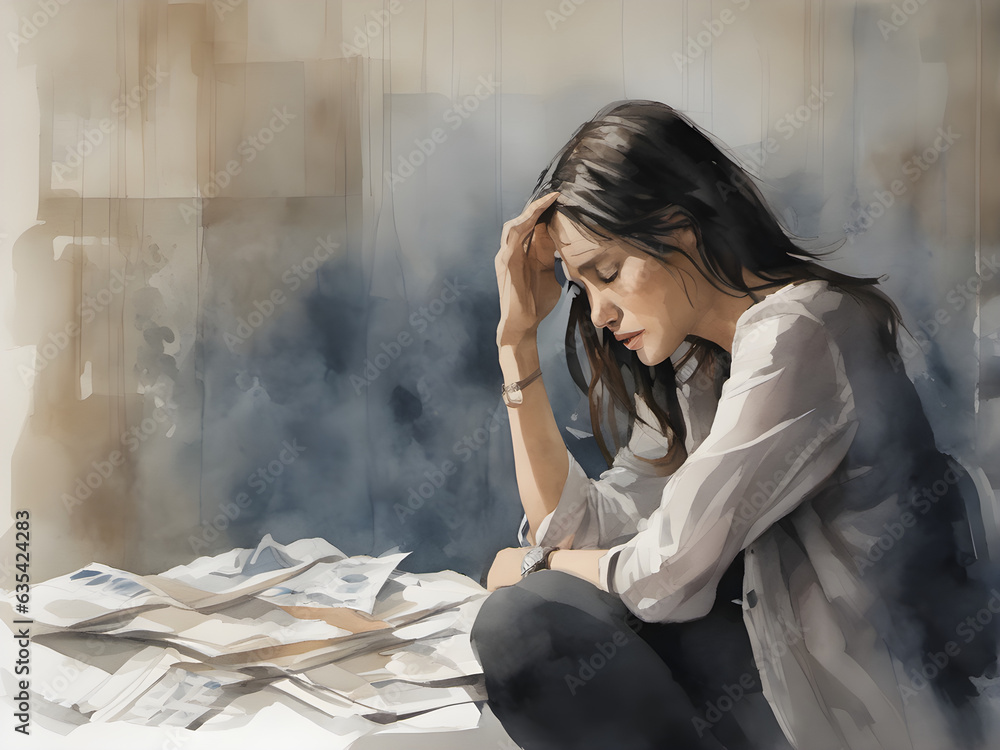 Depression. Illustration of psychological problems. A depressed woman ...