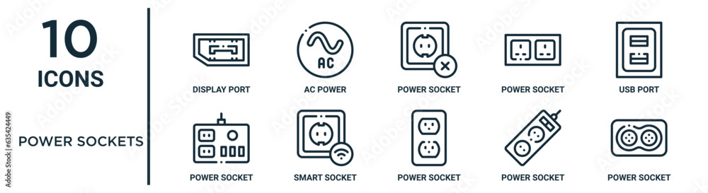 power sockets outline icon set such as thin line display port, power ...