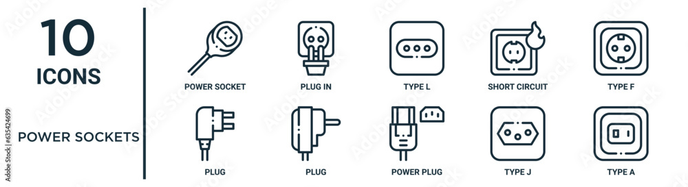 Vetor de power sockets outline icon set such as thin line power socket ...