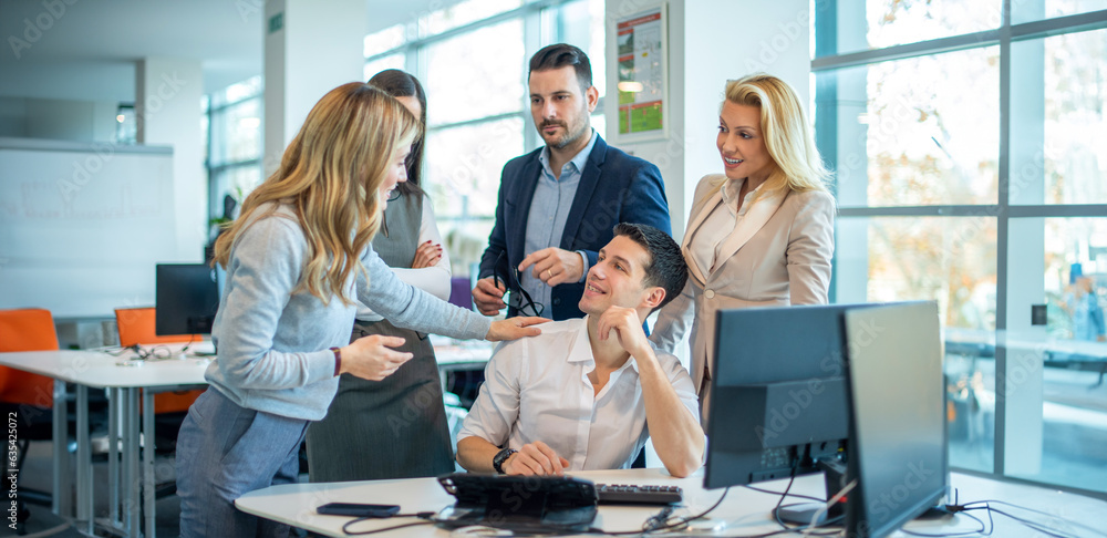 Female CEO boss encouraging to employee for success business and hand ...