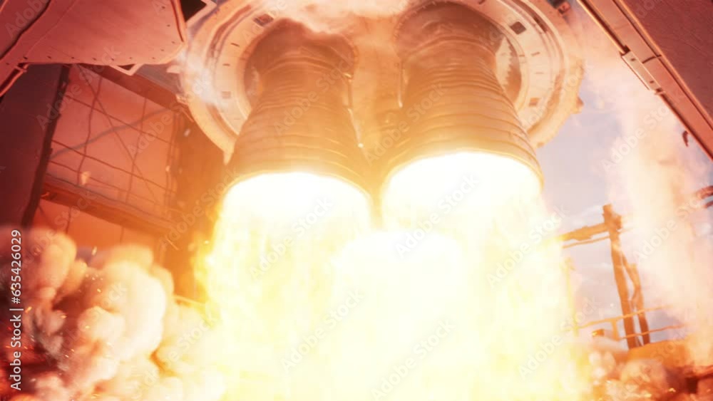 Close-up shot of Rocket Engine Ignition. Powerful and Hot Flames Burst ...